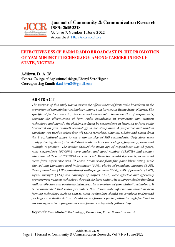 (PDF) EFFECTIVENESS OF FARM RADIO BROADCAST IN THE PROMOTION OF YAM ...