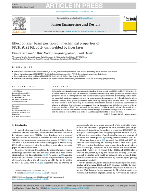 (PDF) Effect of laser beam position on mechanical properties of F82H ...