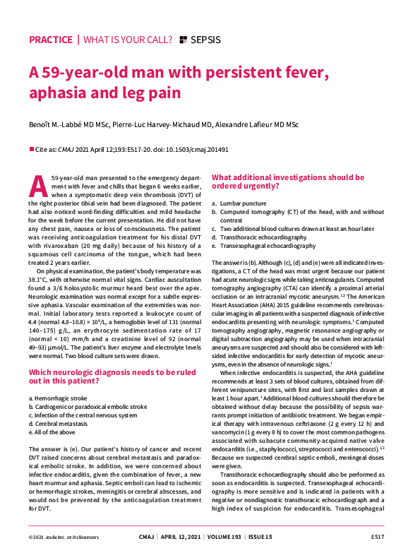 (PDF) A 59-year-old man with persistent fever, aphasia and leg pain
