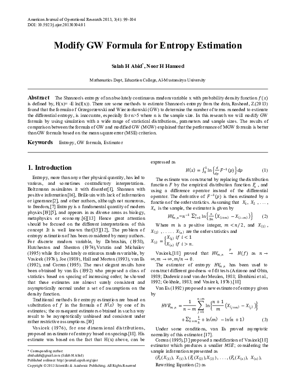 (PDF) Modify GW Formula for Entropy Estimation | Salah Abid - Academia.edu