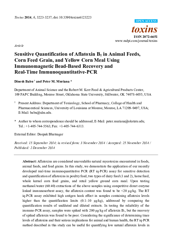 (PDF) Article Sensitive Quantification of Aflatoxin B1 in Animal Feeds, Corn Feed Grain, and ...