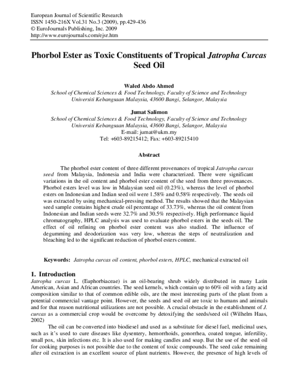 (PDF) Phorbol ester as toxic constituents of tropical Jatropha curcas ...