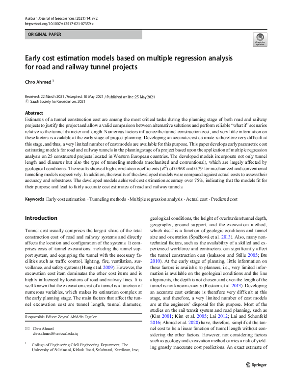 Pdf Early Cost Estimation Models Based On Multiple Regression Analysis For Road And Railway