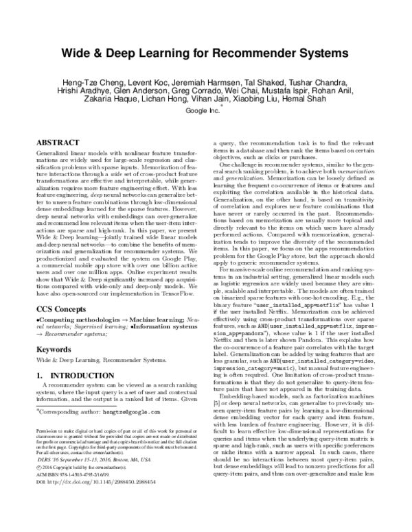 (PDF) Wide & Deep Learning for Recommender Systems
