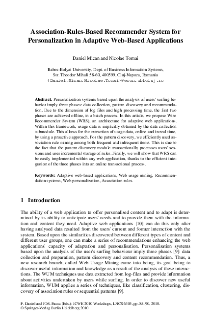 Pdf Association Rules Based Recommender System For Personalization In