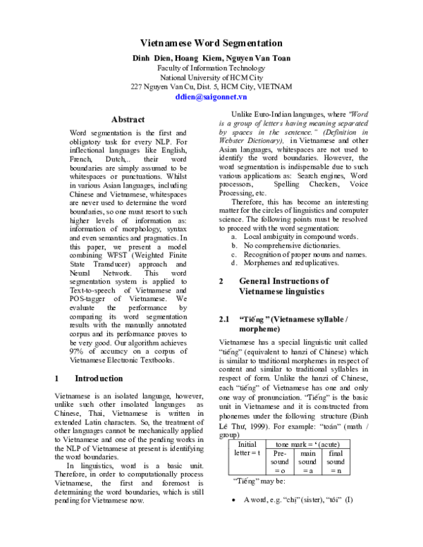 (PDF) Vietnamese Word Segmentation