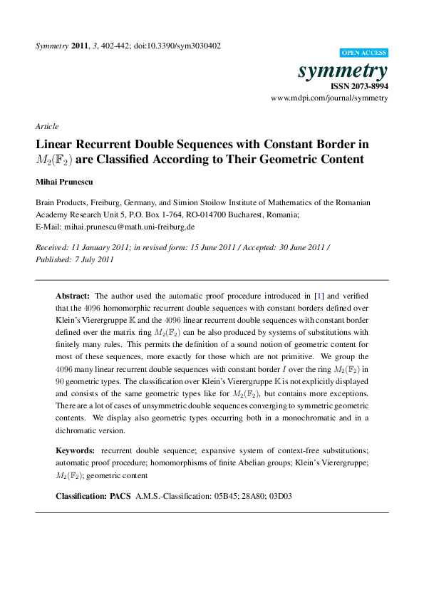 (PDF) Article Linear Recurrent Double Sequences with Constant Border in M2(F2) are Classified ...