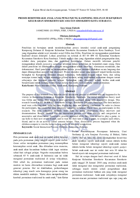 (PDF) Proses Berinteraksi Anak-Anak Pengunjung Kampoeng Dolanan DI Kenjeran Kelurahan Simokerto ...