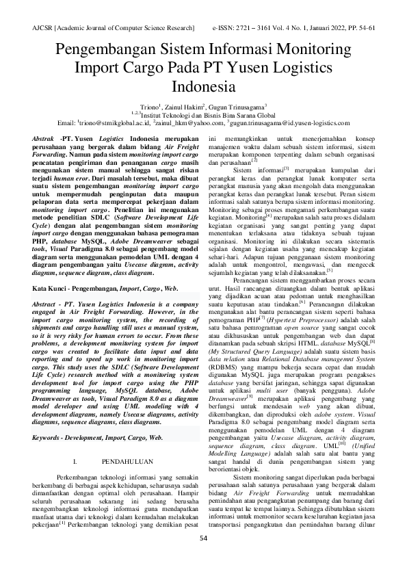 (PDF) Pengembangan Sistem Informasi Monitoring Import Cargo Pada PT Yusen Logistics Indonesia