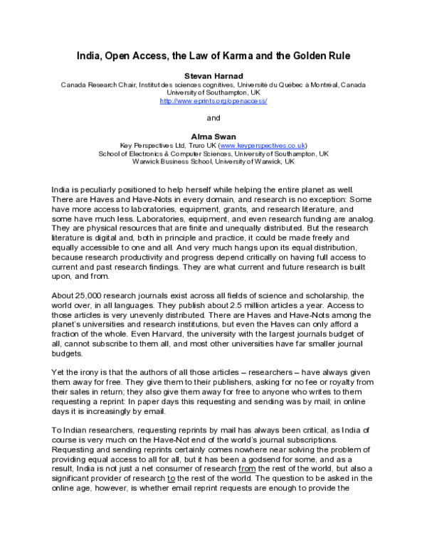 (PDF) India, Open Access, the Law of Karma and the Golden Rule