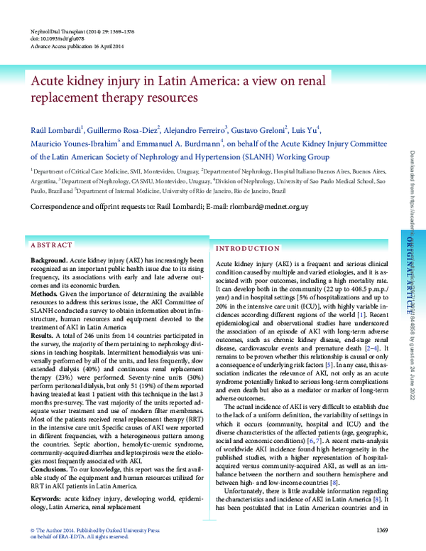 (PDF) Acute kidney injury in Latin America: a view on renal replacement ...
