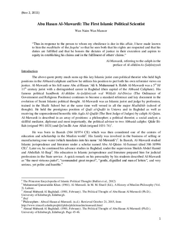 (PDF) Abu Hasan Al-Mawardi: The First Islamic Political Scientist