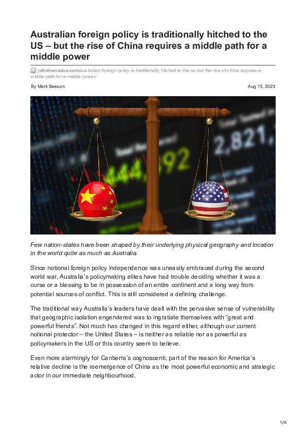 (PDF) Australian foreign policy is traditionally hitched to the US ...