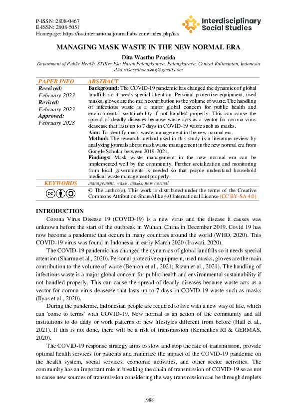 (PDF) Managing Mask Waste in the New Normal Era