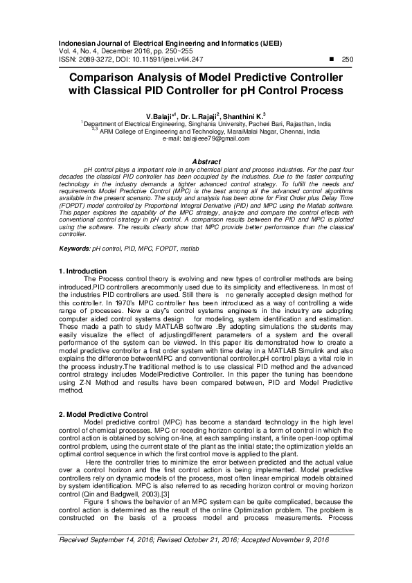 (PDF) Comparison Analysis of Model Predictive Controller with Classical PID Controller for pH ...