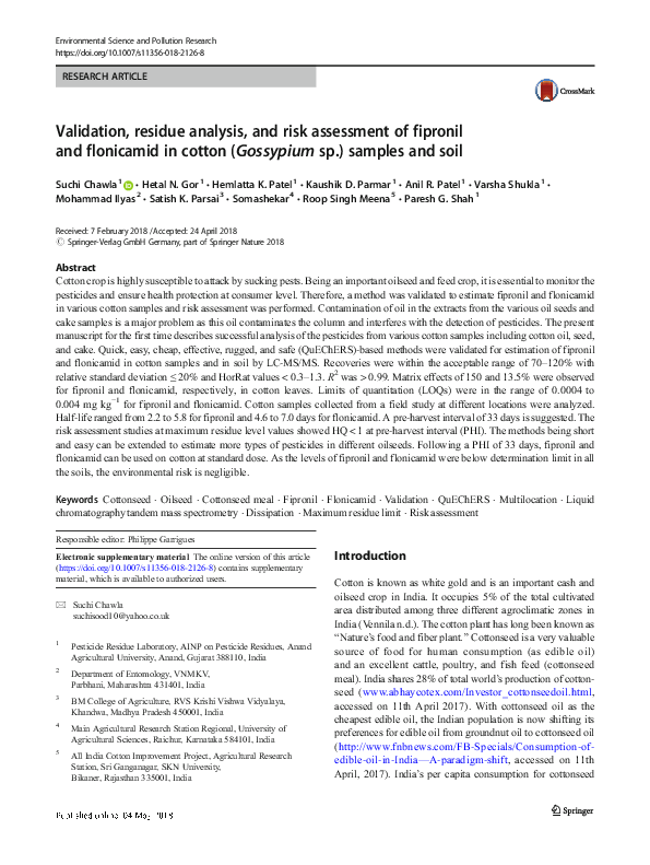 (PDF) Validation, residue analysis, and risk assessment of fipronil and flonicamid in cotton ...
