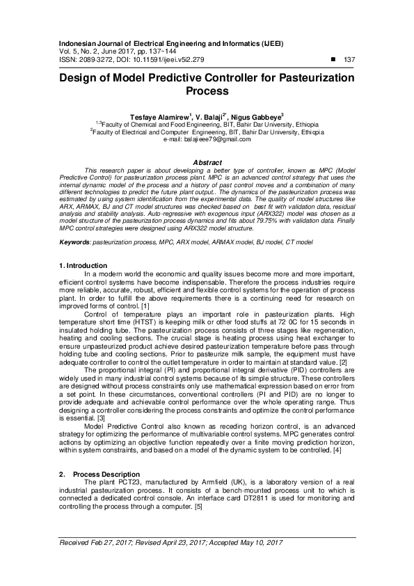 (PDF) Design of Model Predictive Controller for Pasteurization Process