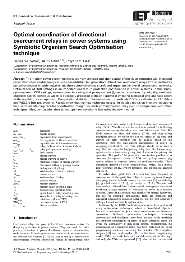 (PDF) Optimal Coordination of Directional Over Current Relay Using Analytical and Swarm Algorithms