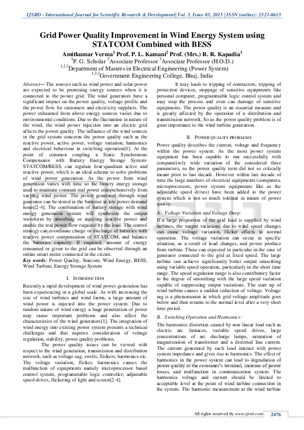 (PDF) Grid Power Quality Improvement in Wind Energy System using STATCOM Combined with BESS