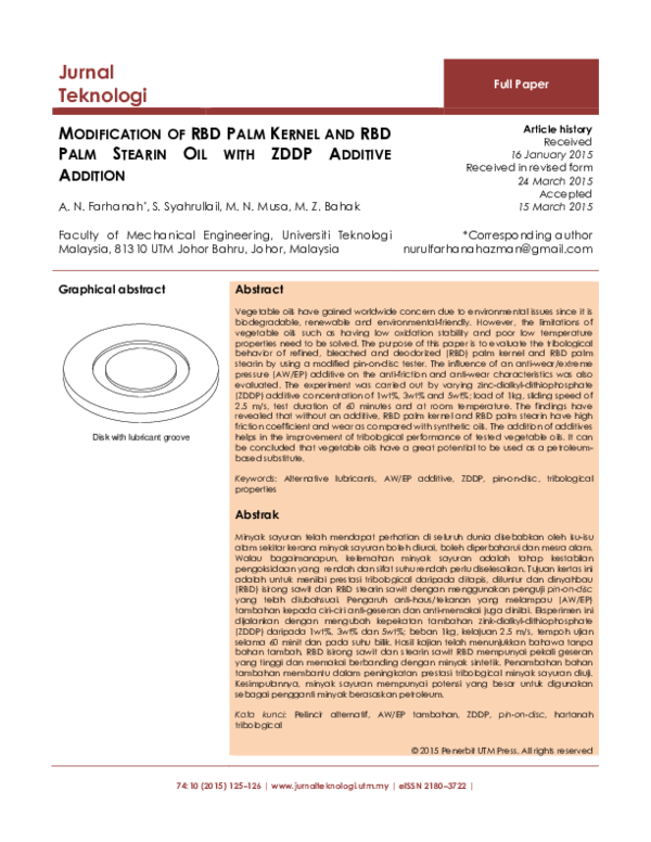 (PDF) Modification of RBD Palm Kernel and RBD Palm Stearin Oil with ZDDP Additive Addition ...