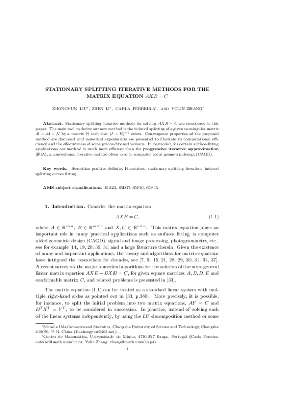 Pdf Stationary Splitting Iterative Methods For The Matrix Equation