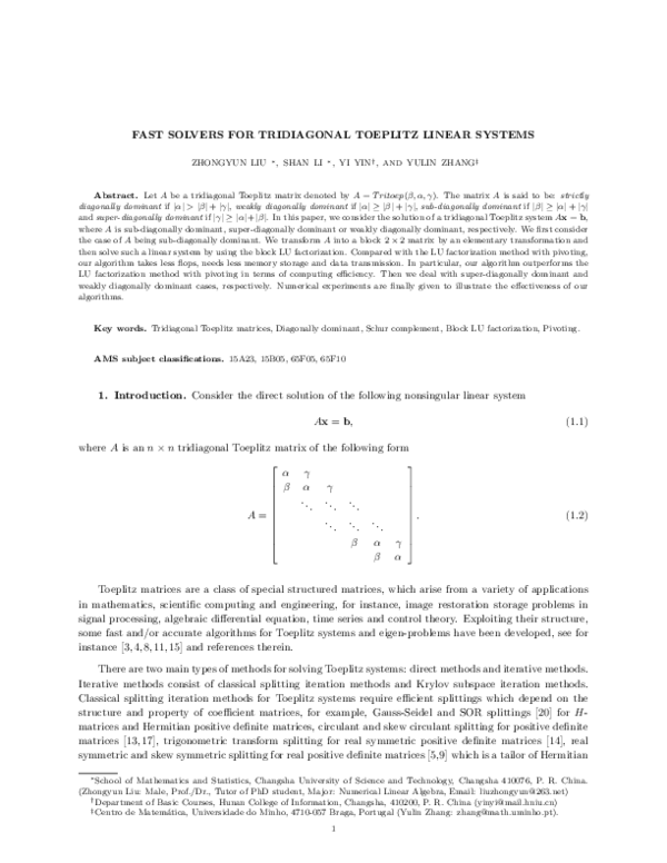 (PDF) Fast solvers for tridiagonal Toeplitz linear systems