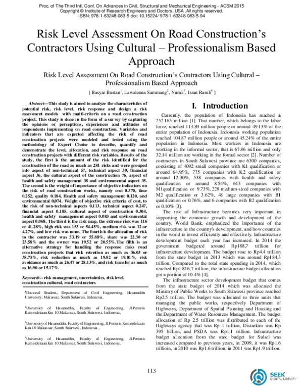 (PDF) Risk Level Assessment On Road Construction s Contractors Using ...