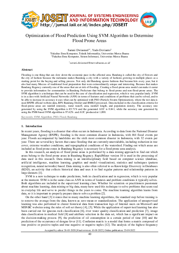 Pdf Optimization Of Flood Prediction Using Svm Algorithm To Determine Flood Prone Areas