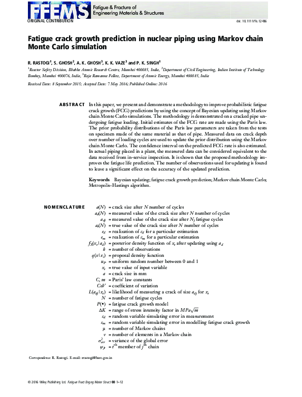(PDF) Fatigue crack growth prediction in nuclear piping using Markov chain Monte Carlo simulation