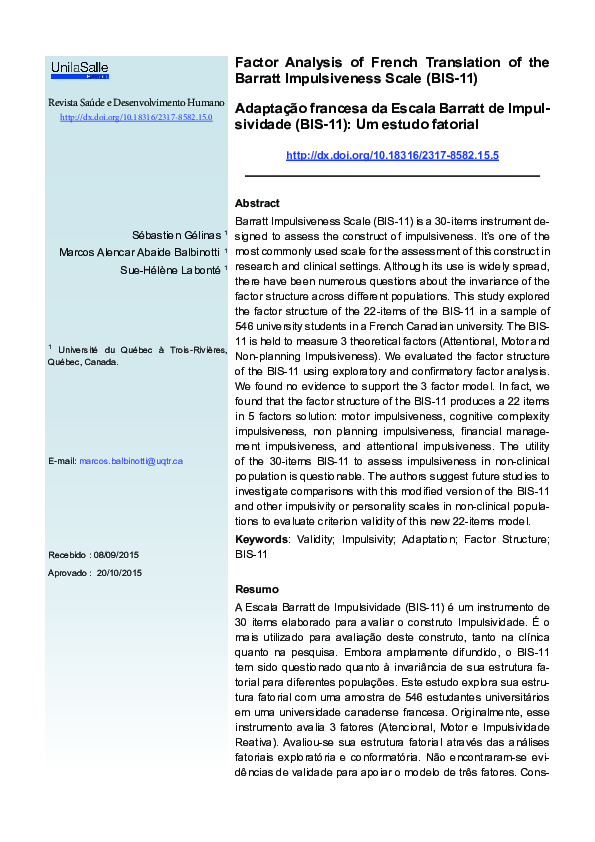 (PDF) Factor Analysis of French Translation of the Barratt ...