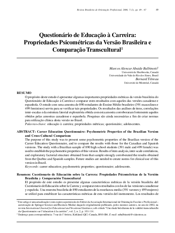 Pdf Career Education Questionnaire Psychometric Properties Of The Brazilian Version And Cross