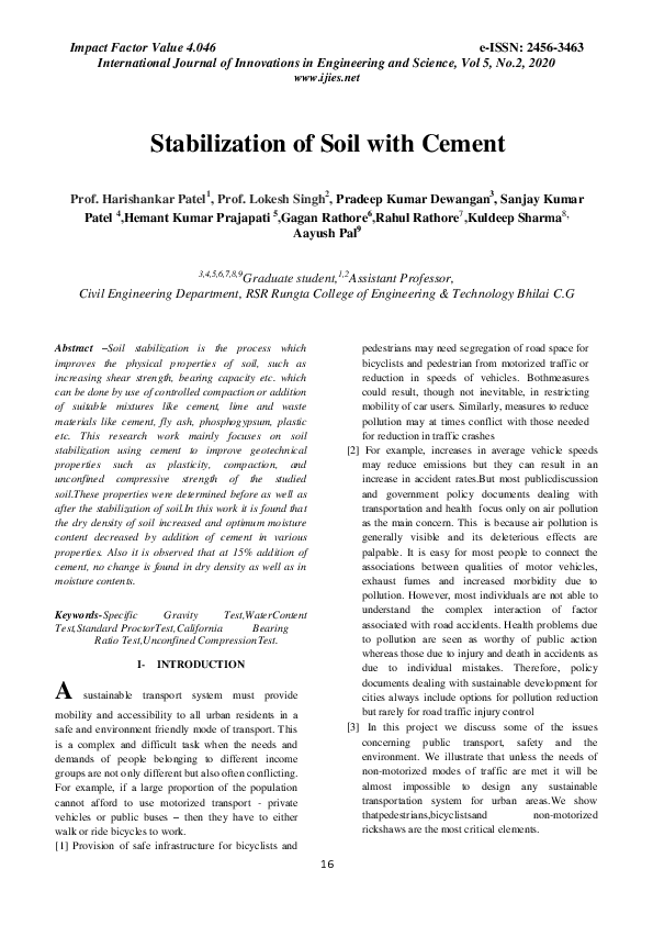 (PDF) Stabilization of Soil with Cement