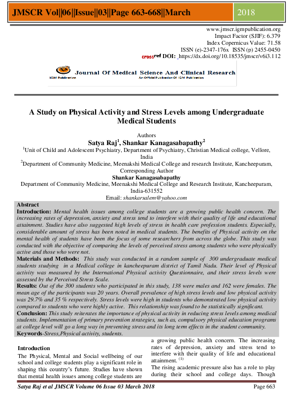 (PDF) A Study on Physical Activity and Stress Levels among ...