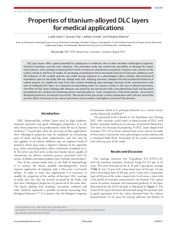 (PDF) Properties of titanium-alloyed DLC layers for medical applications