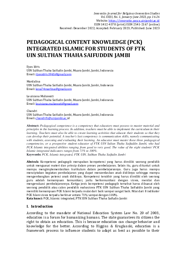 (PDF) Pedagogical Content Knowledge (PCK) Integrated Islamic for Students of FTK Uin Sulthan ...