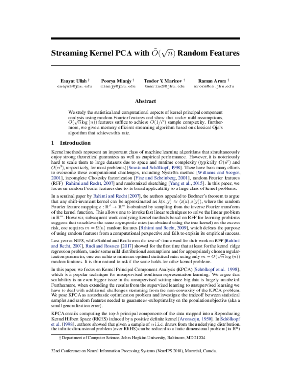 (PDF) Streaming Kernel PCA with Õ(√n) Random Features