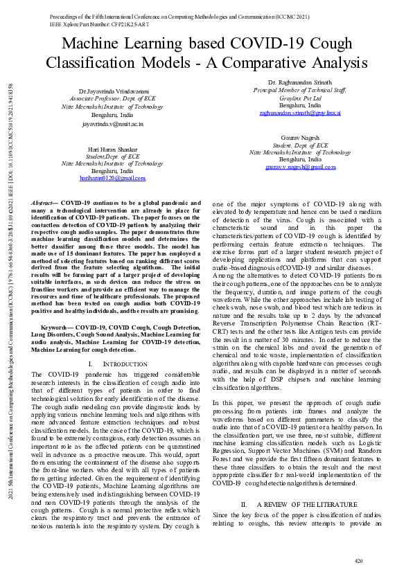(PDF) Machine Learning based COVID-19 Cough Classification Models - A Comparative Analysis