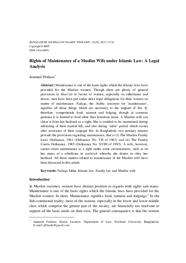 (PDF) Rights of Maintenance of a Muslim Wife under Islamic Law: A Legal ...