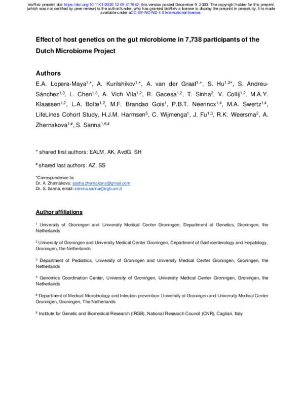 (PDF) Effect of host genetics on the gut microbiome in 7,738 participants of the Dutch ...