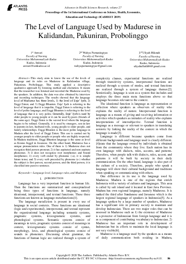 (PDF) The Level of Language Used by Madurese in Kalidandan, Pakuniran ...