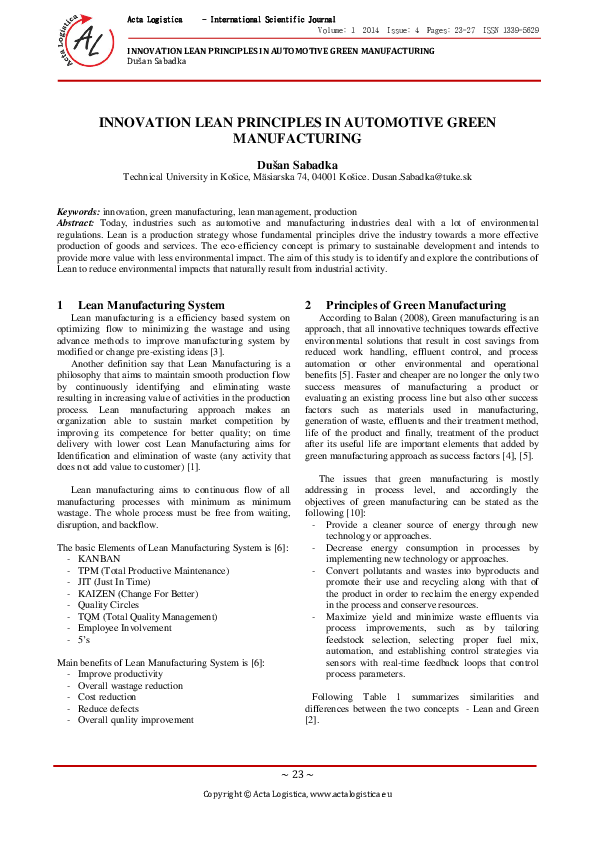 (PDF) Innovation Lean Principles in Automotive Green Manufacturing