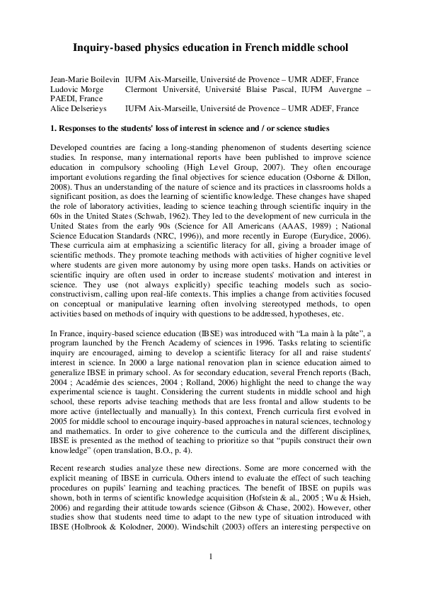 (PDF) Inquiry-based physics education in French middle school