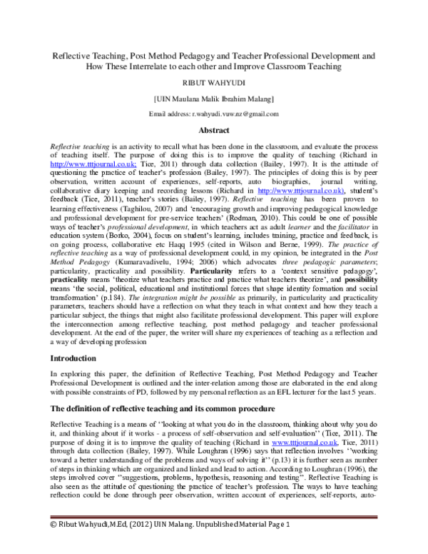 (PDF) Reflective Teaching, Post Method Pedagogy and Teacher Professional Development and How ...
