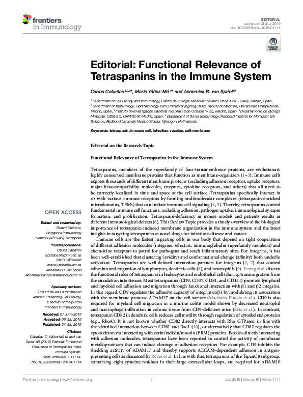 (PDF) Editorial: Functional Relevance of Tetraspanins in the Immune System