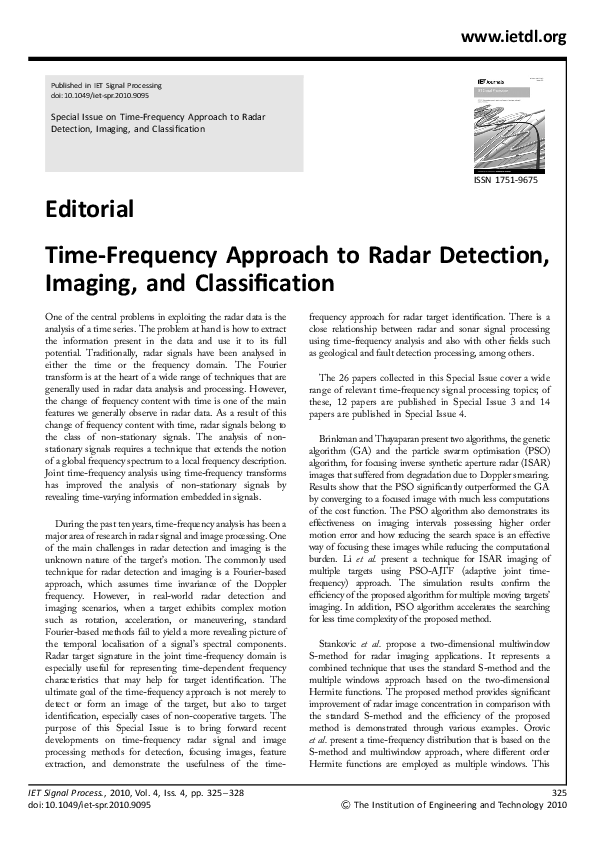 (PDF) Editorial: Time-Frequency Approach to Radar Detection, Imaging, and Classification | M ...