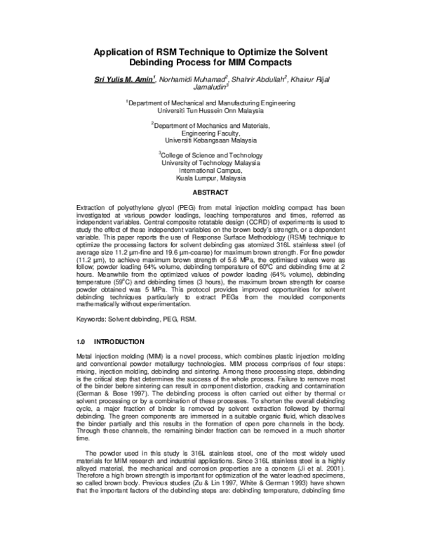 (PDF) Application of RSM technique to optimize the solvent debinding process for MIM compacts ...