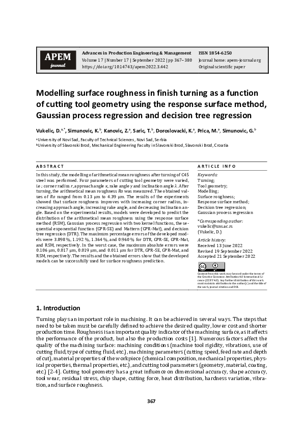 (PDF) Modelling surface roughness in finish turning as a function of cutting tool geometry using ...