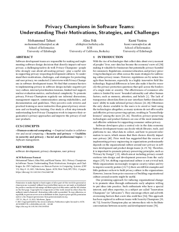 (PDF) Privacy Champions in Software Teams: Understanding Their ...