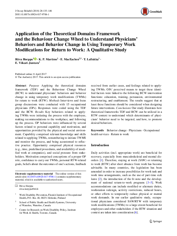 (PDF) Application of the Theoretical Domains Framework and the Behaviour Change Wheel to ...