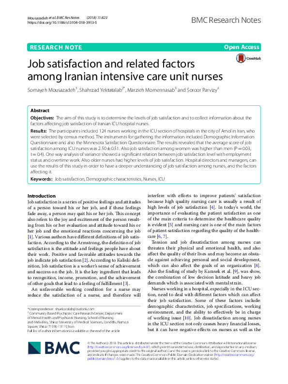(PDF) Job satisfaction and related factors among Iranian intensive care ...